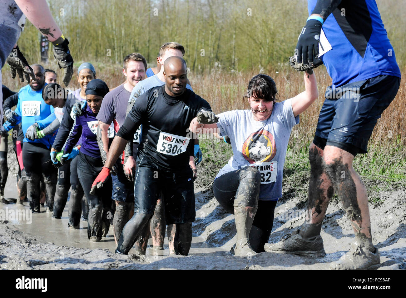 Muddy runners at obstacle course race, UK Stock Photo - Alamy