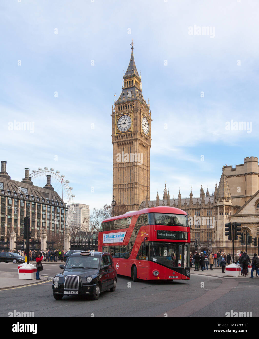 Red double-deck bus, black cab, Big Ben and London Eye in one picture ...