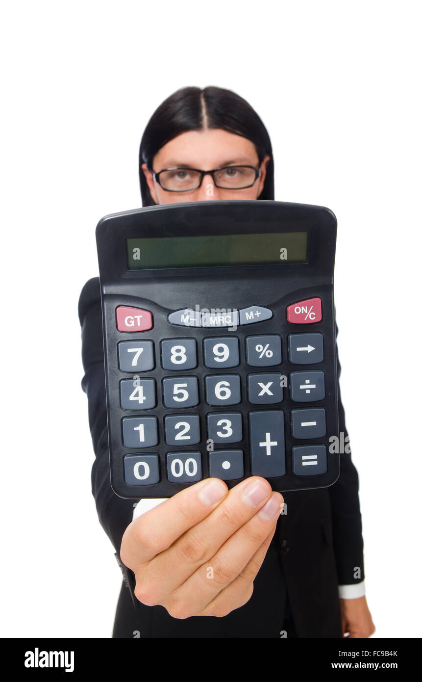 Man with calculator isolated on white Stock Photo - Alamy