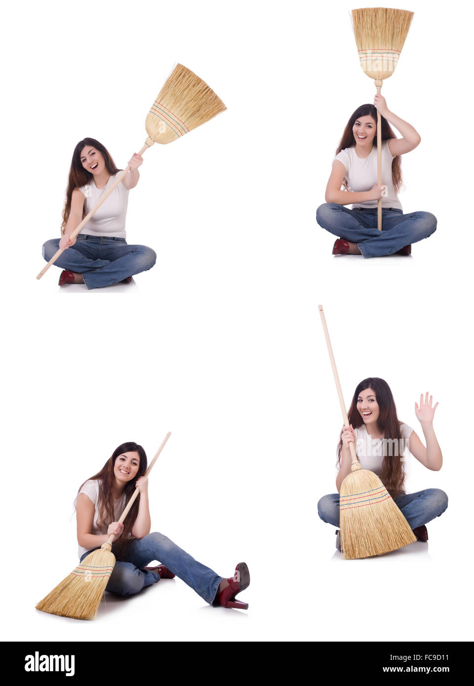 Woman with broom isolated on white Stock Photo - Alamy
