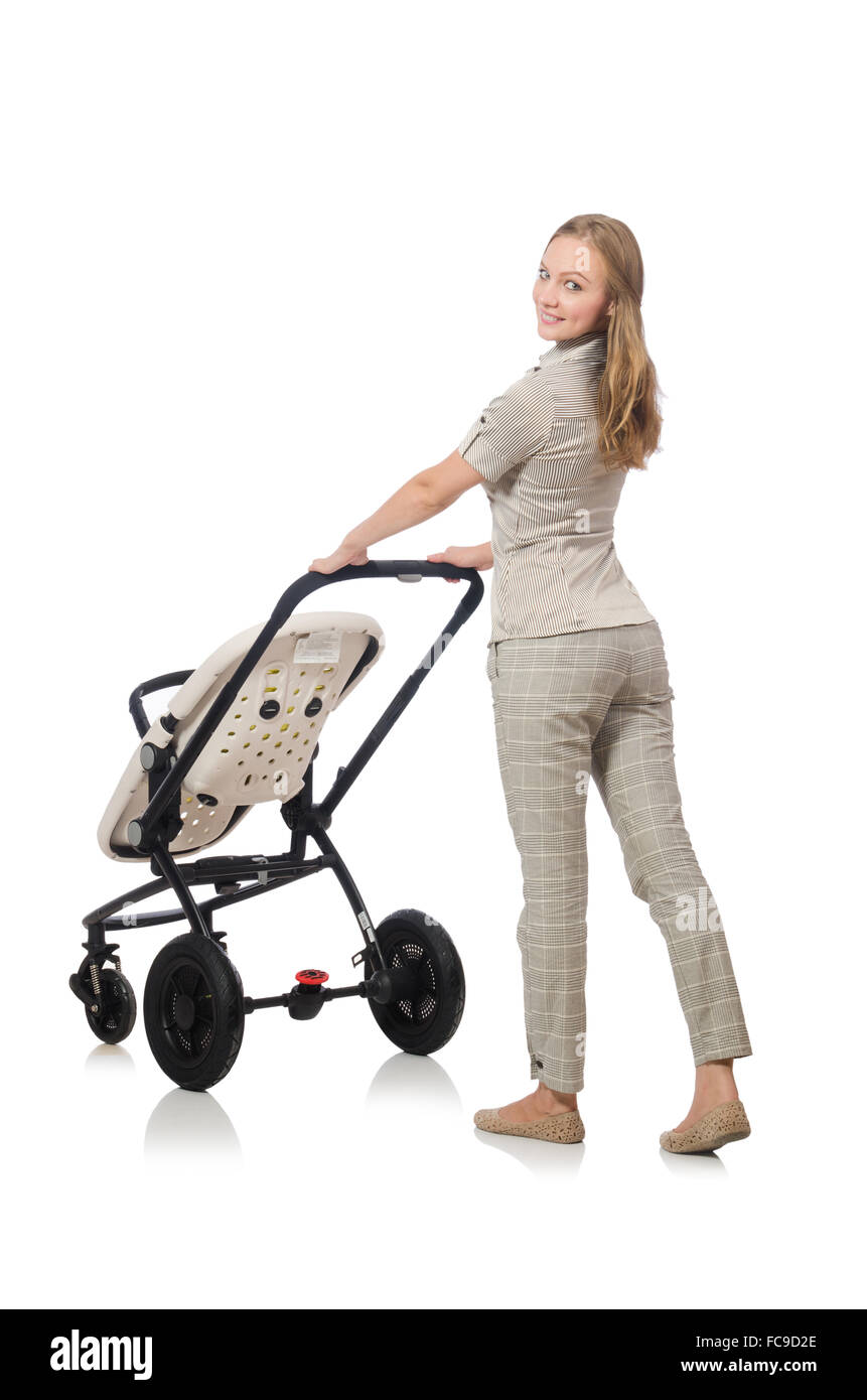 Woman with pram isolated on white Stock Photo - Alamy