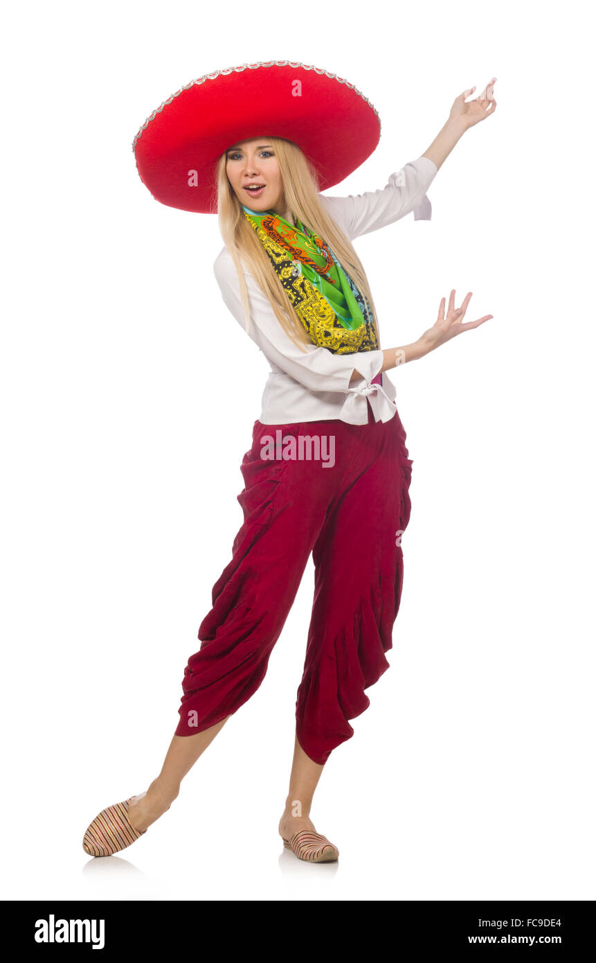 Mexican girl with sombrero dancing on white Stock Photo - Alamy