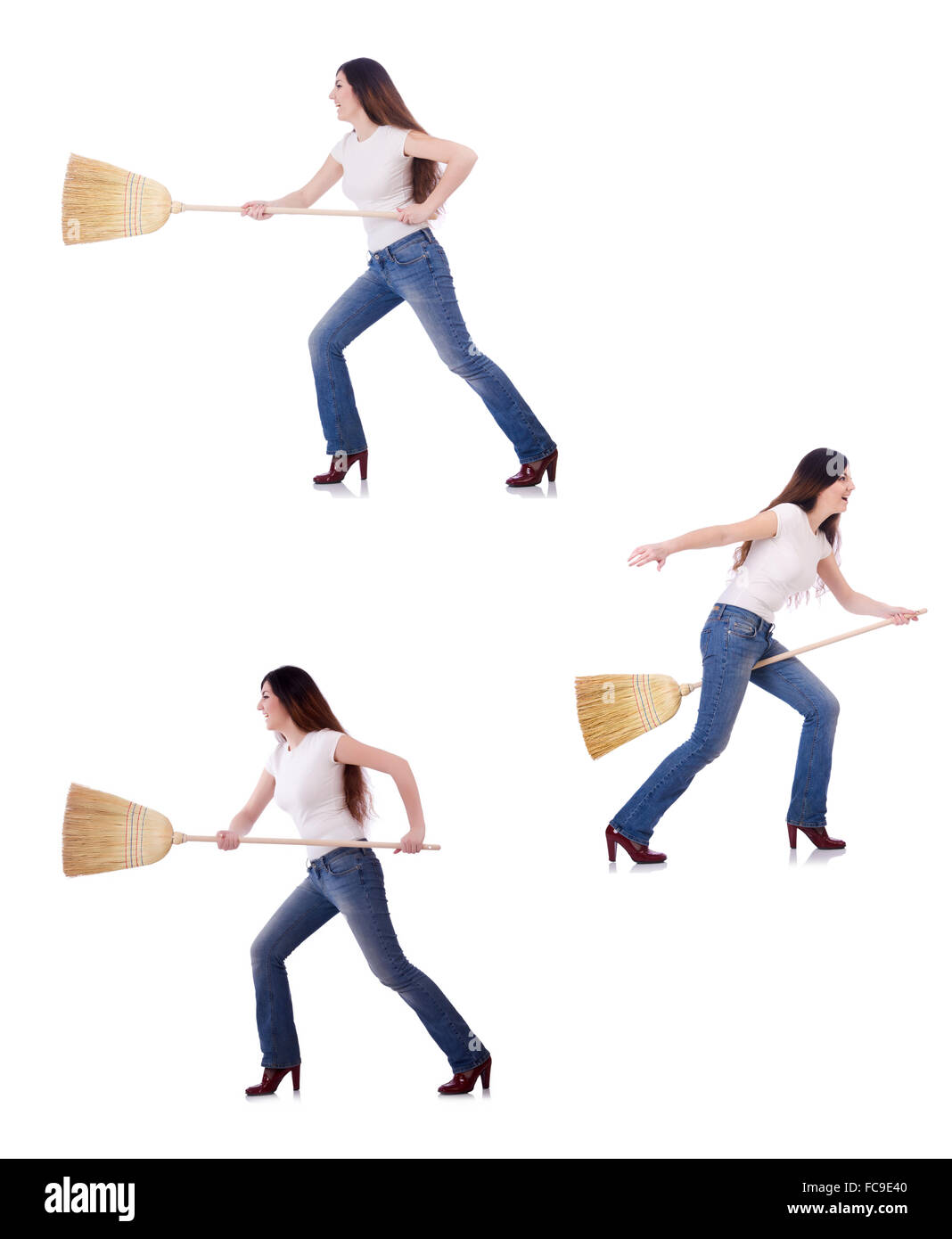 Woman with broom isolated on white Stock Photo - Alamy