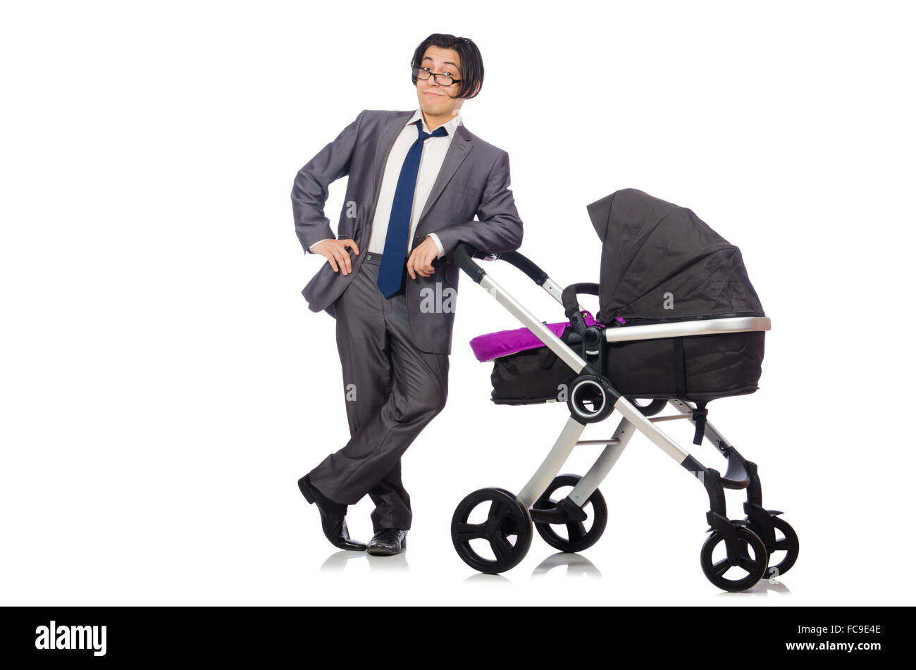 Funny dad with baby and pram on white Stock Photo - Alamy