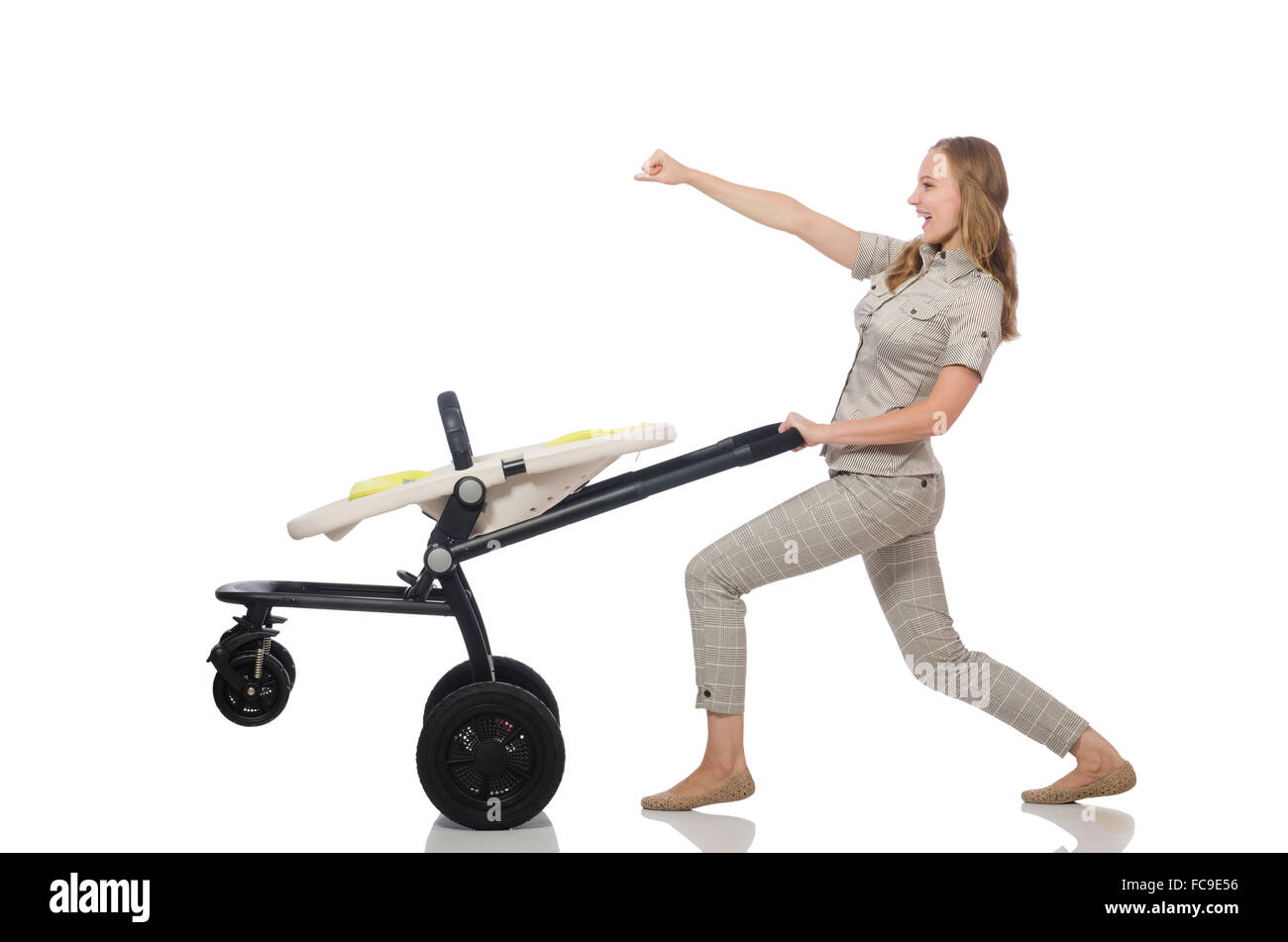 Woman with pram isolated on white Stock Photo - Alamy