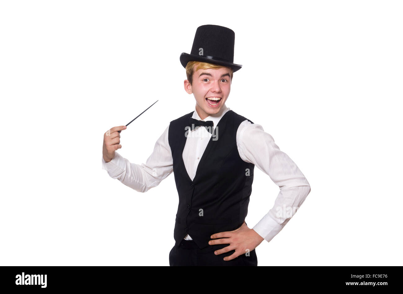 Magician with magic stick isolated on white Stock Photo - Alamy