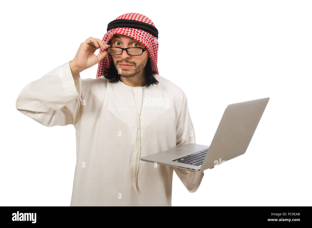 Arab man with laptop isolated on white Stock Photo - Alamy