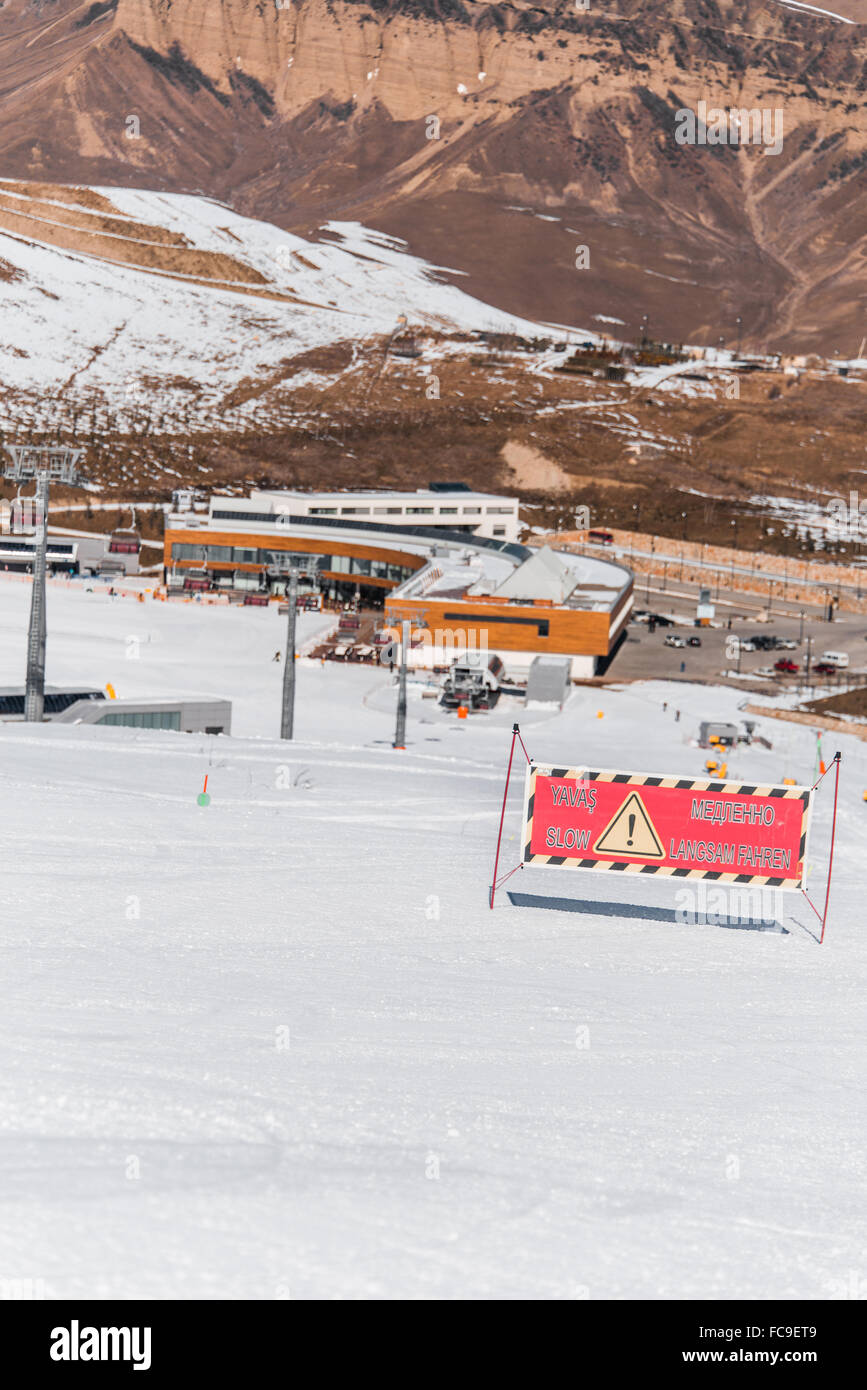 Danger signs on winter skiing resort Stock Photo - Alamy