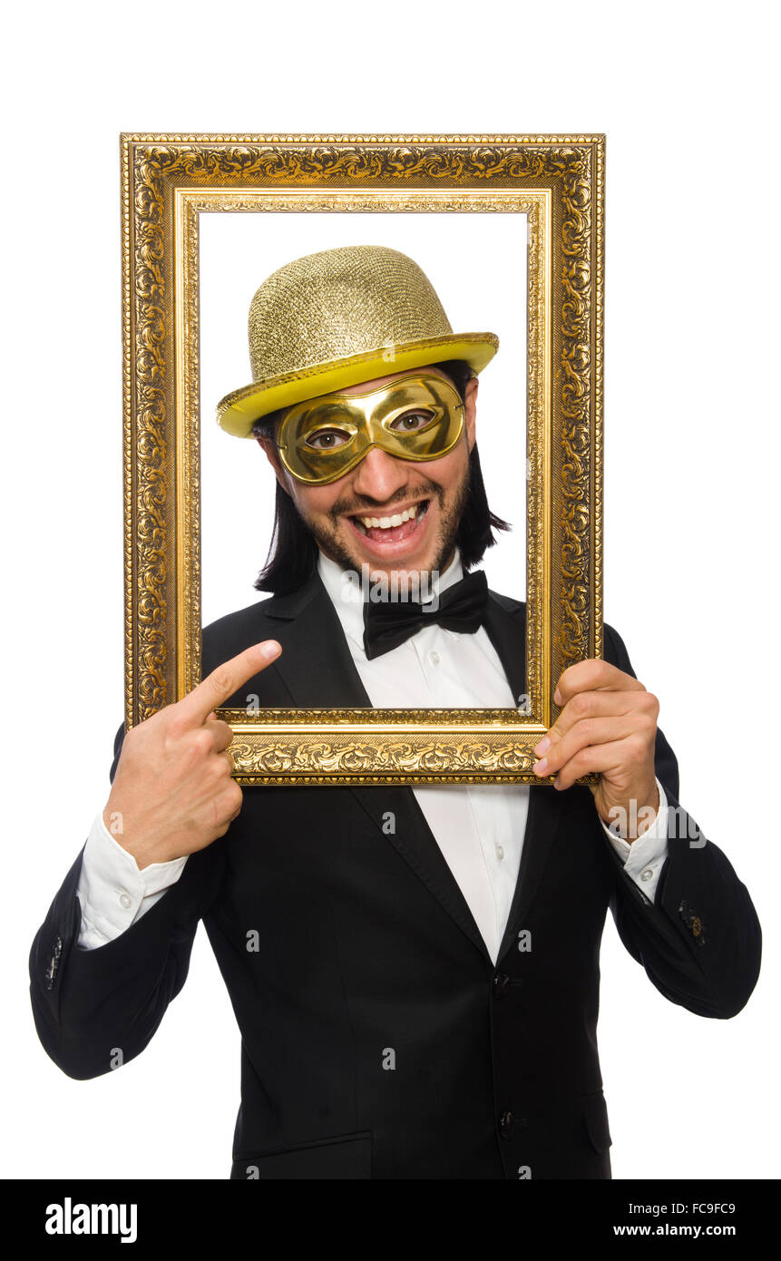 Funny man with picture frame on white Stock Photo - Alamy