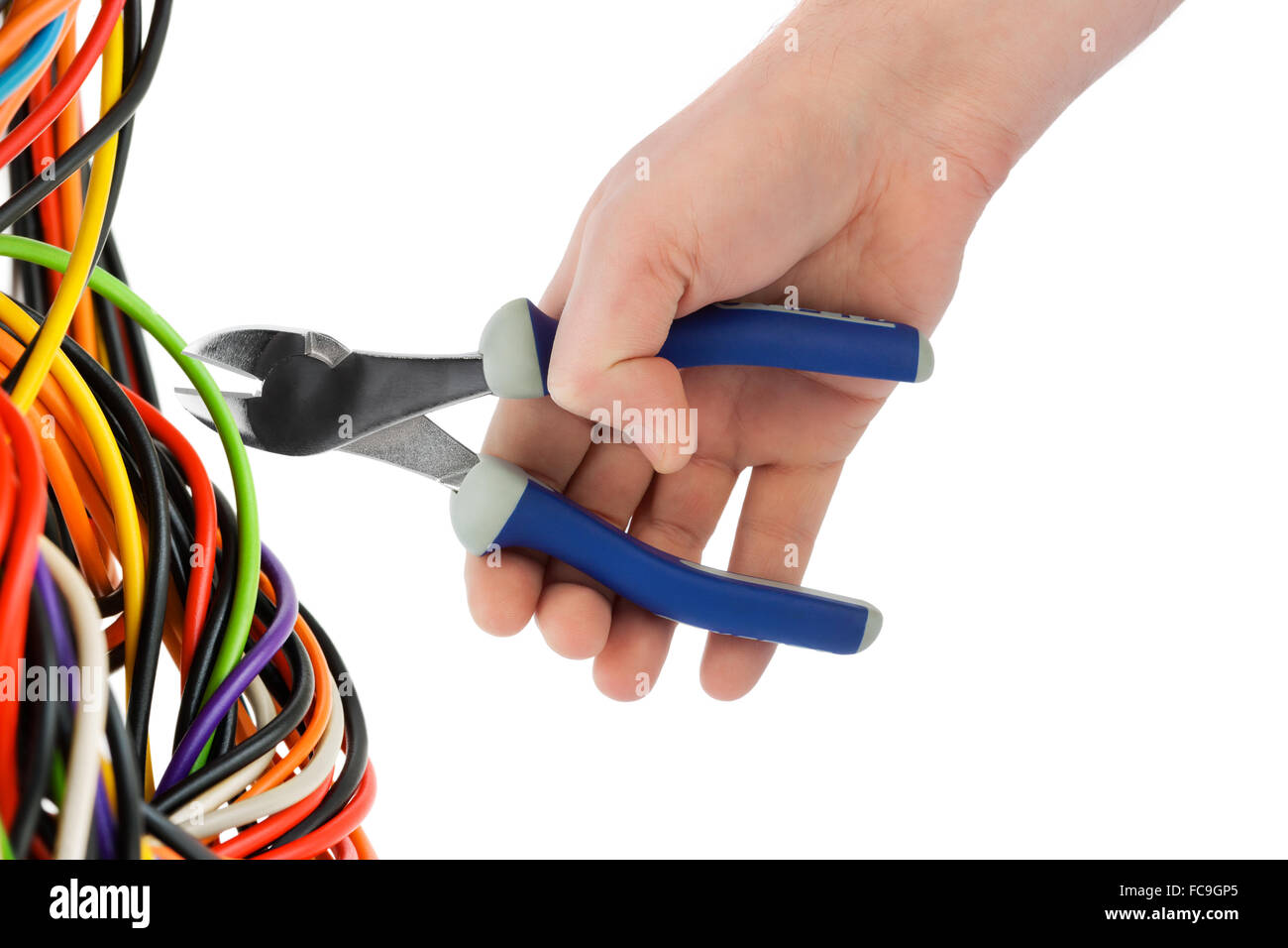 Hand with pliers and cable Stock Photo - Alamy