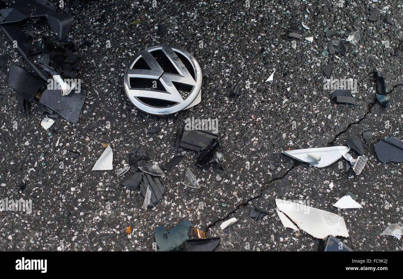 The VW logo lies on the road after an accident in Hamburg, Germany, 21 ...