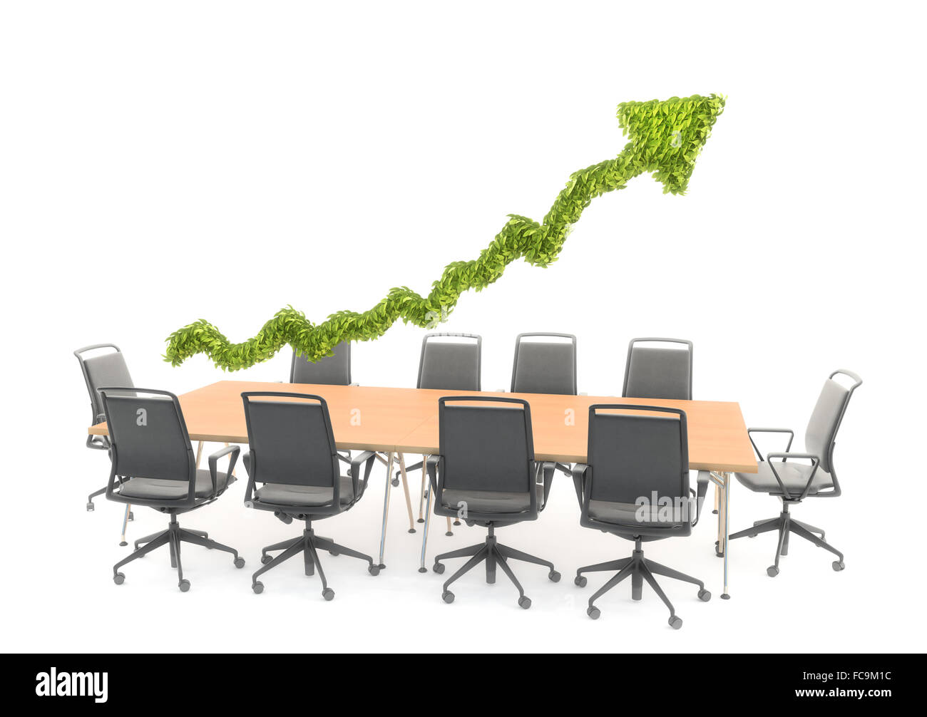 An arrow graph chart hovering over a conference table - presentation ...