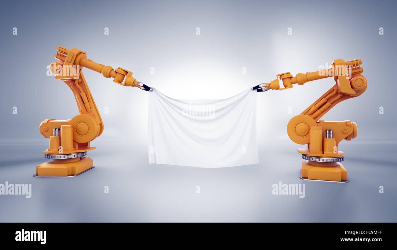 Two industrial robots holding a banner made out of a piece of fabric ...