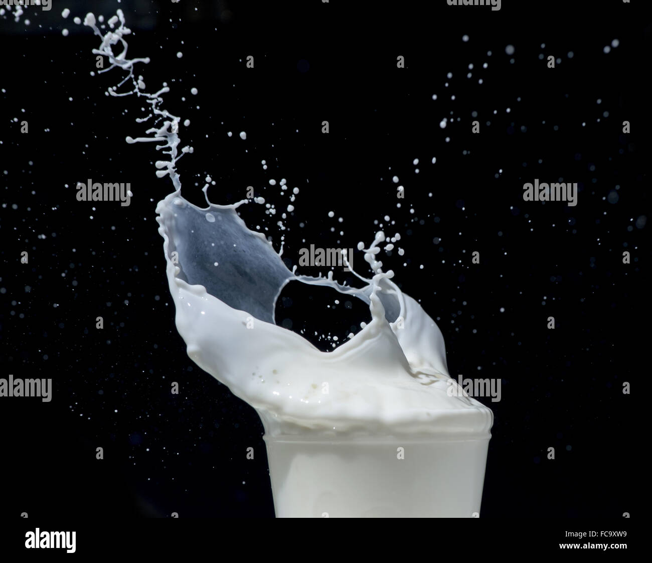 Splashing milk on black background Stock Photo - Alamy
