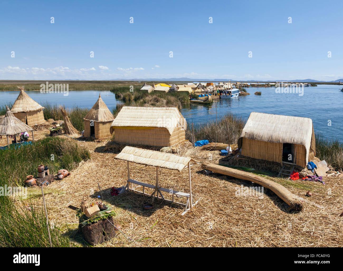 Reed Huts on Uros floating Islands, Lake Titicaca, Peru Stock Photo - Alamy
