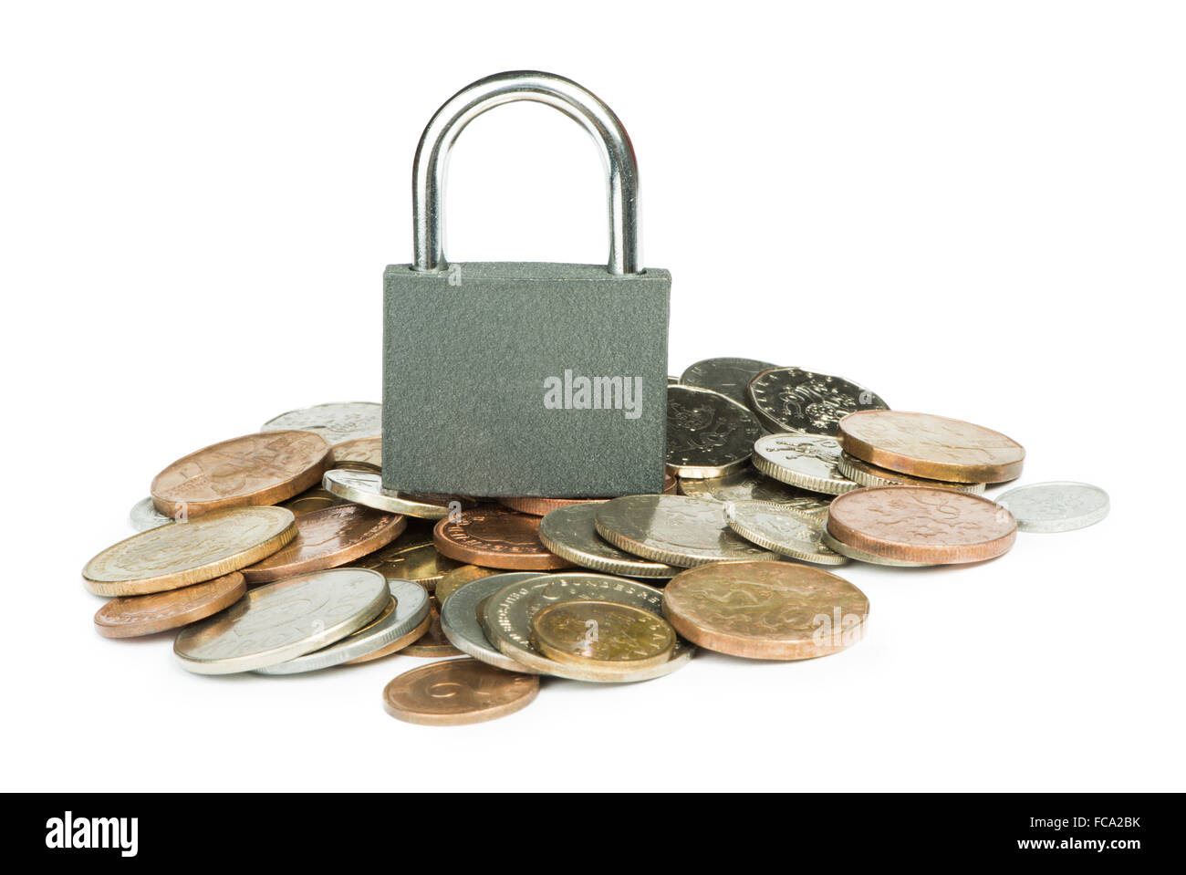 Grey locked padlock and coins Stock Photo - Alamy