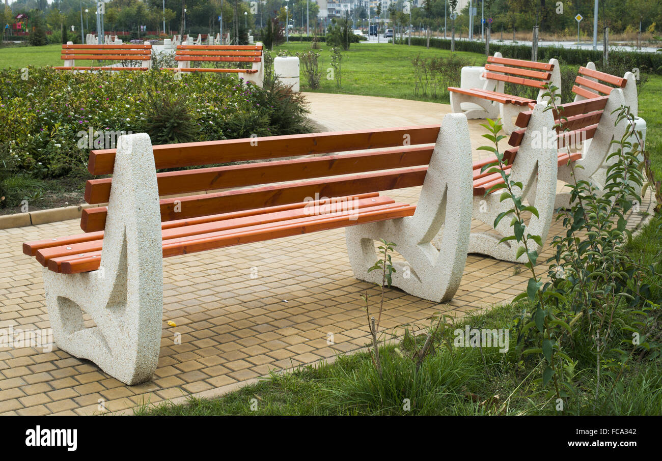 Wooden benches in a park Stock Photo - Alamy