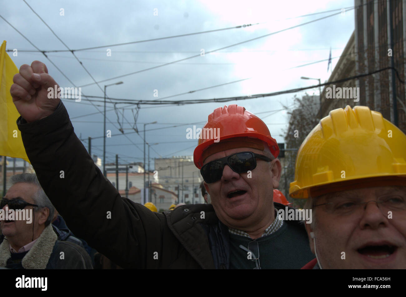 Athens, Greece. 21st Jan, 2016. A man with a orange hat raising his ...