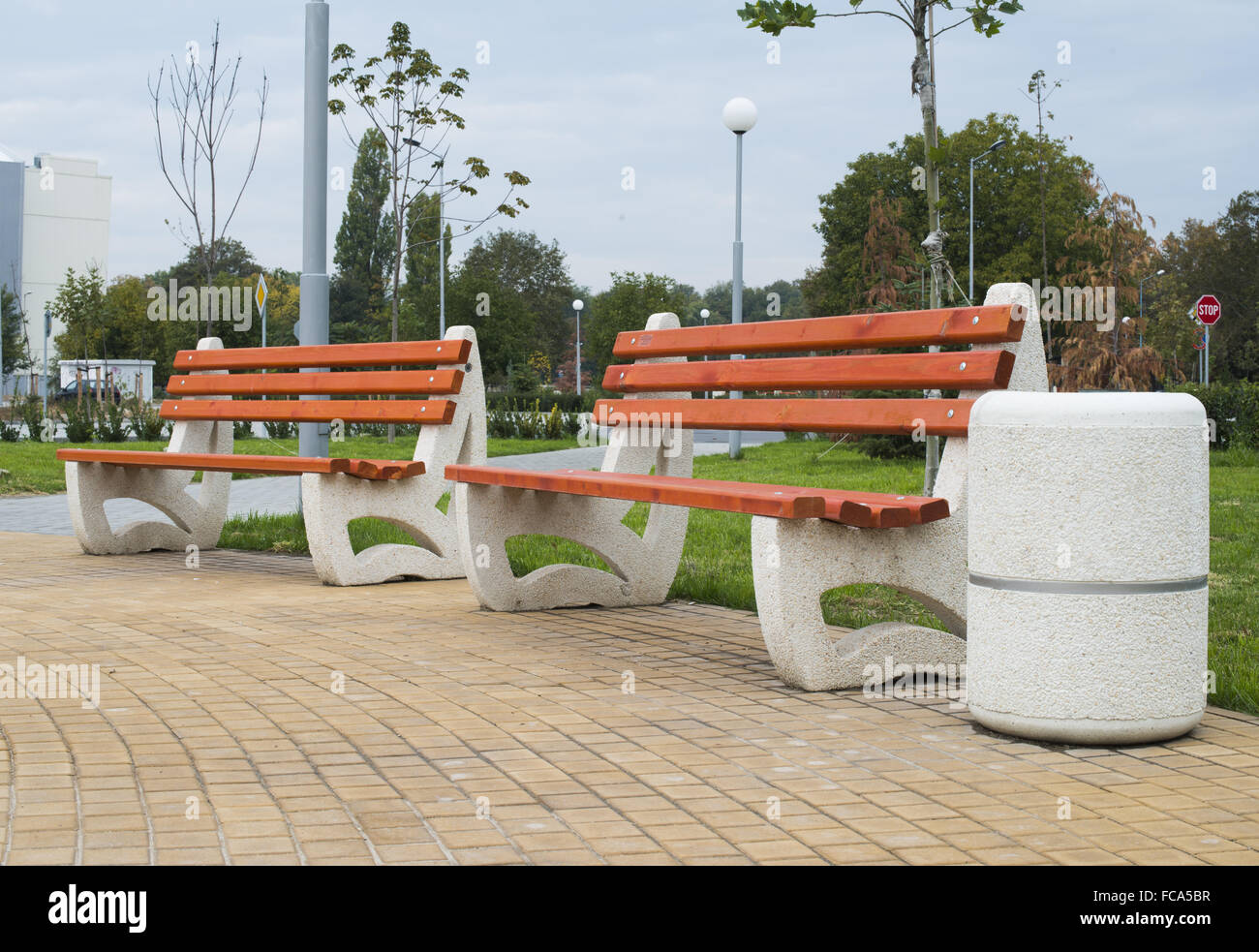 Wooden benches in a park Stock Photo - Alamy