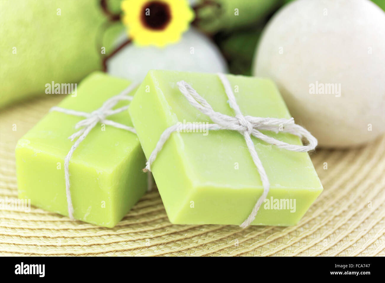 Spa treatment setting with green theme Stock Photo - Alamy
