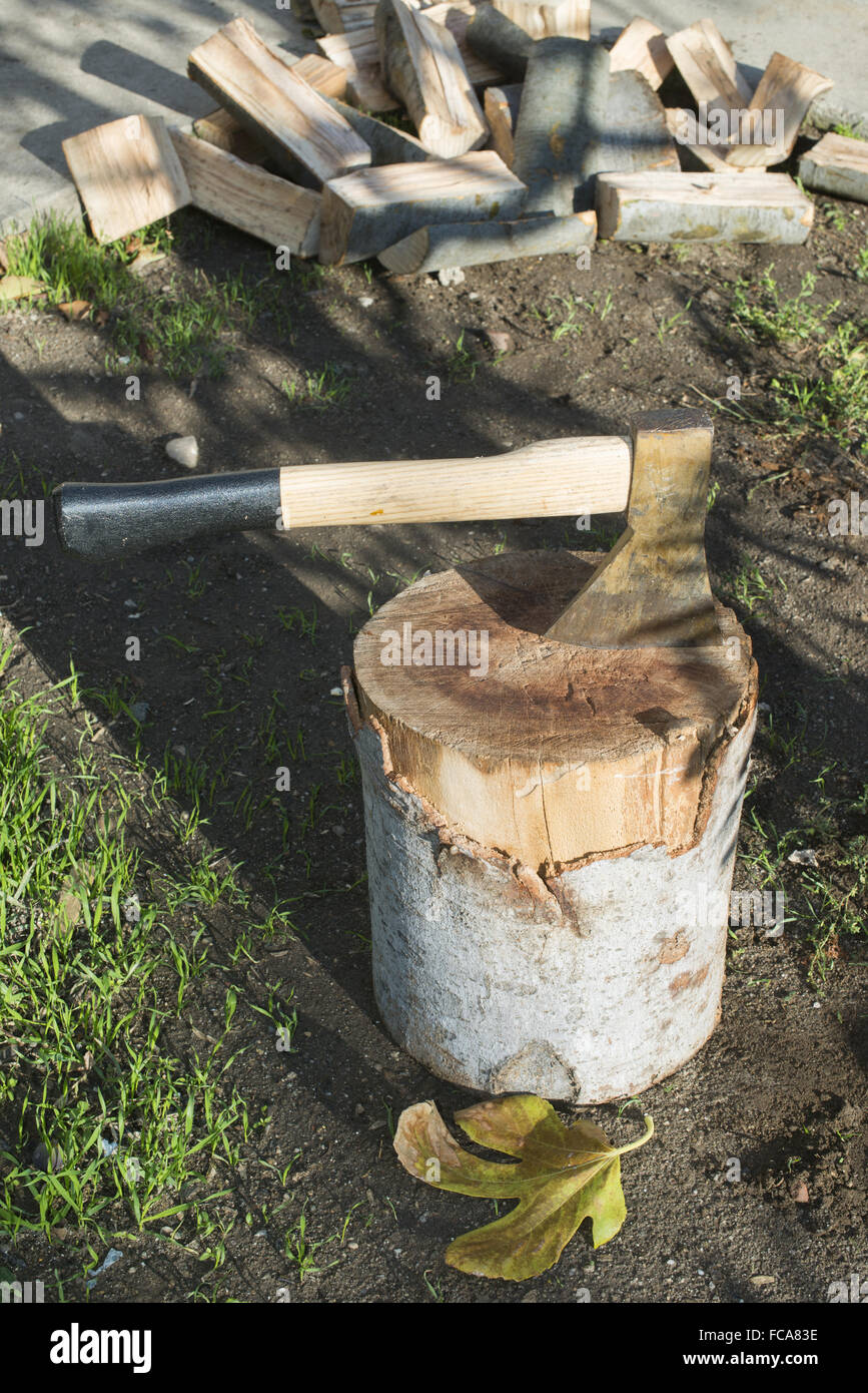 Ax chopping wood on chopping block Stock Photo - Alamy