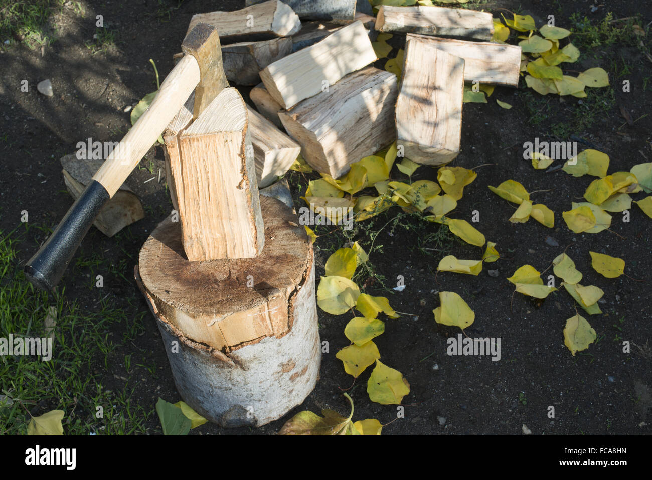 Ax chopping wood on chopping block Stock Photo - Alamy