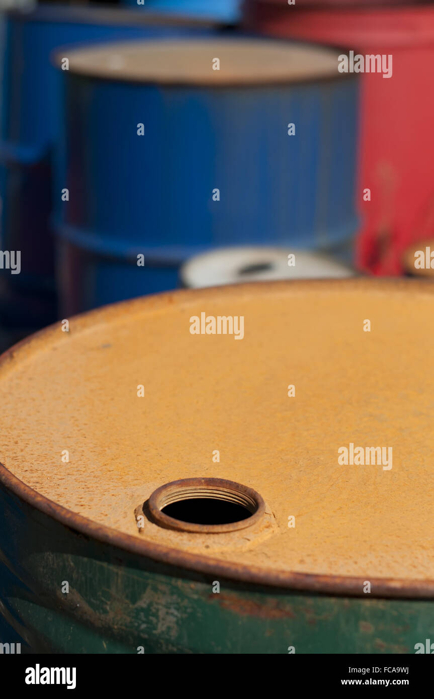 Old colored barrels for oil products Stock Photo - Alamy