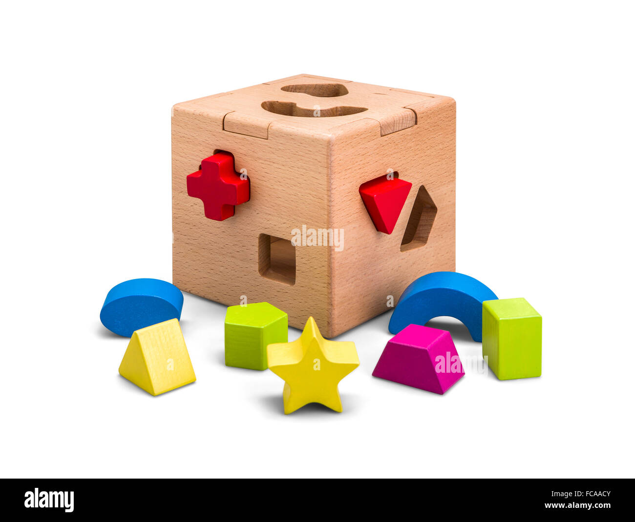 Wooden puzzle box toy with colorful blocs isolated on white with ...