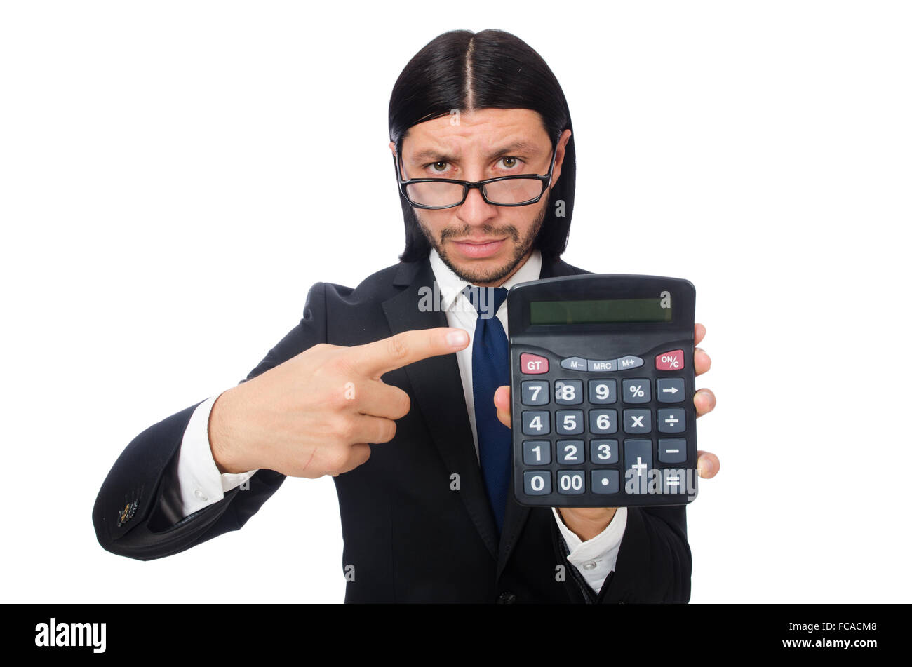 Man with calculator isolated on white Stock Photo - Alamy
