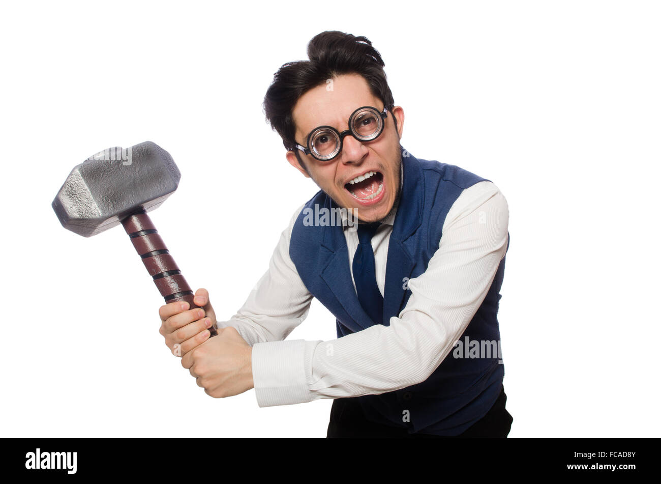 Young man holding hammer isolated on white Stock Photo - Alamy
