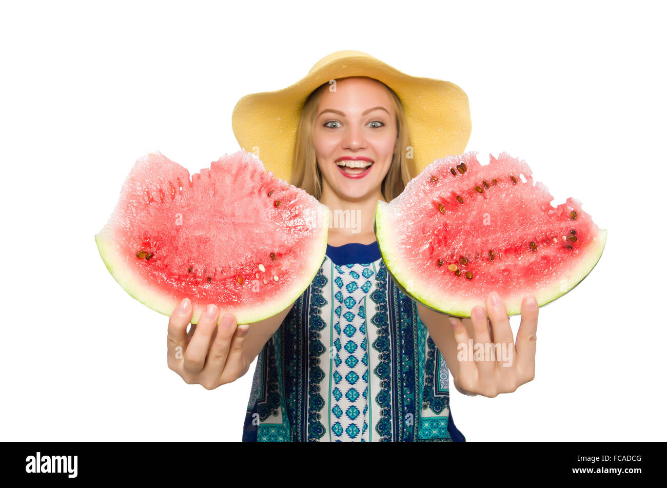 Woman with watermelon isolated on white Stock Photo - Alamy
