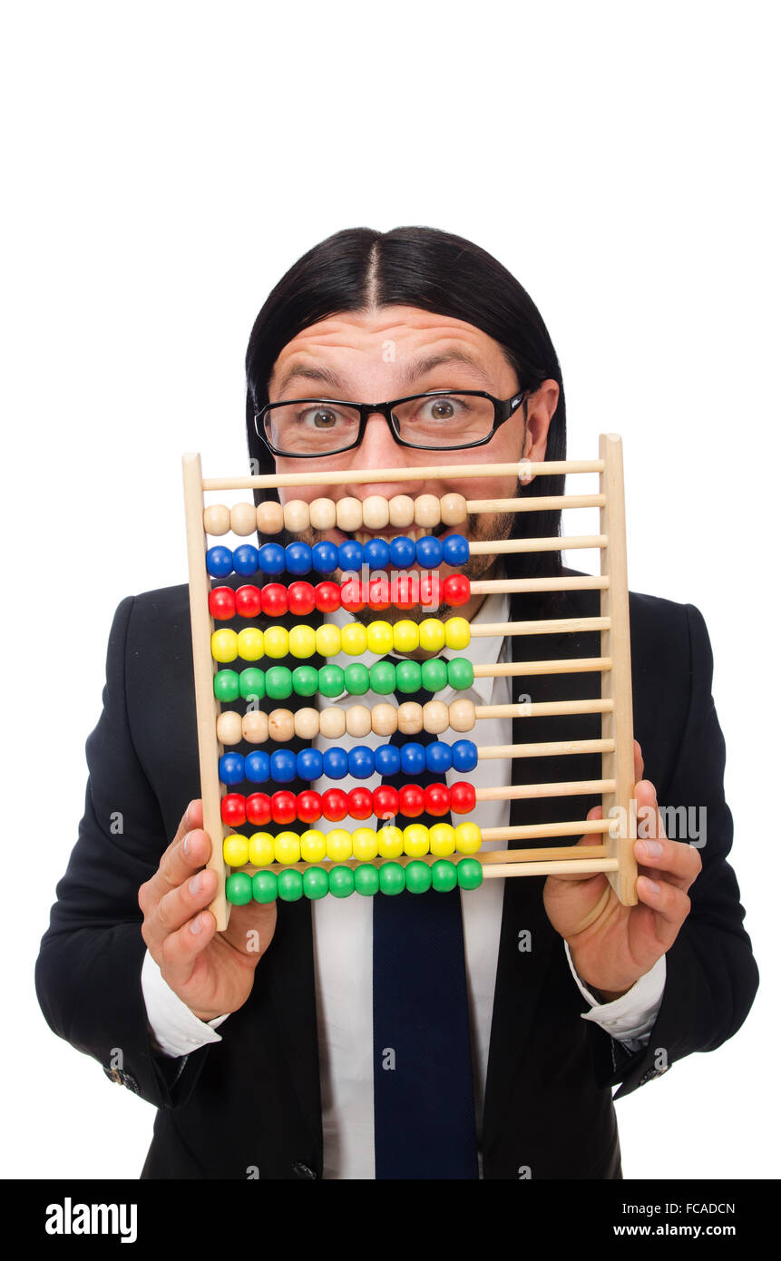Funny man with calculator and abacus Stock Photo - Alamy