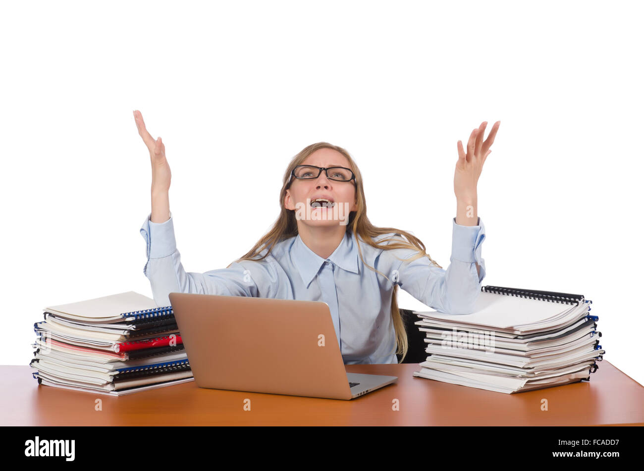 Office employee at job isolated on white Stock Photo - Alamy