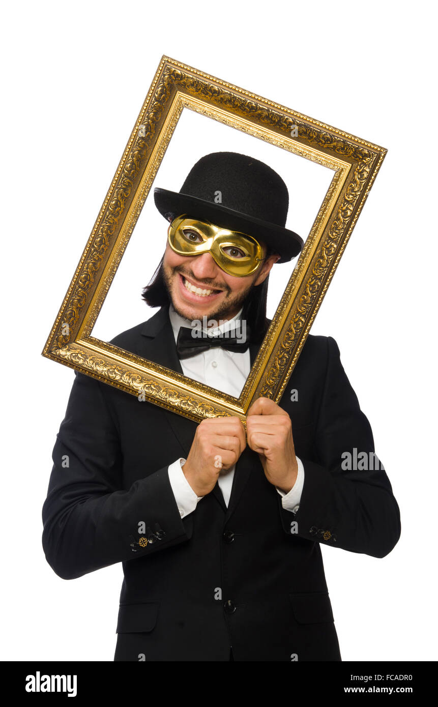 Funny man with picture frame on white Stock Photo - Alamy