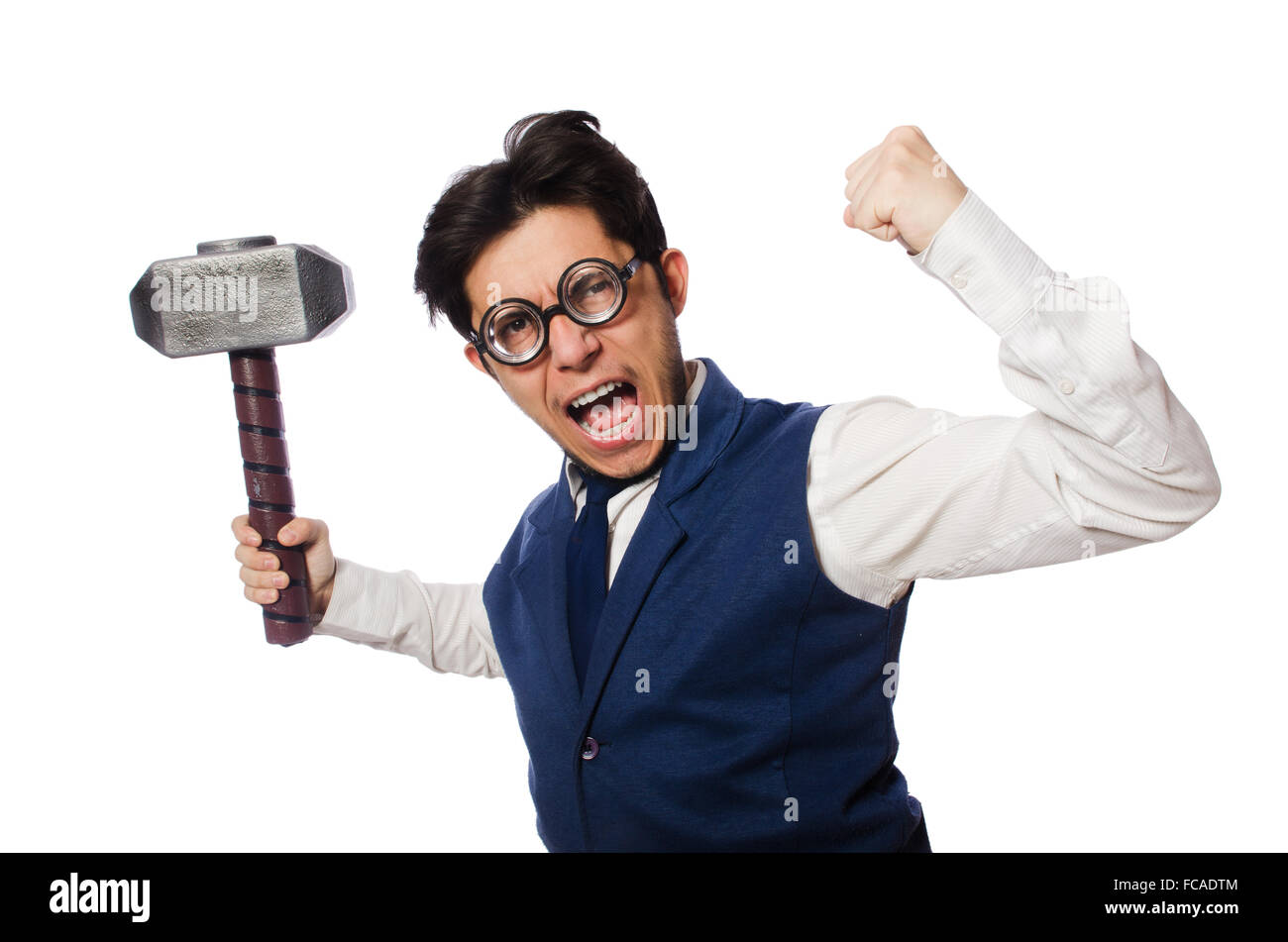 Young man holding hammer isolated on white Stock Photo - Alamy