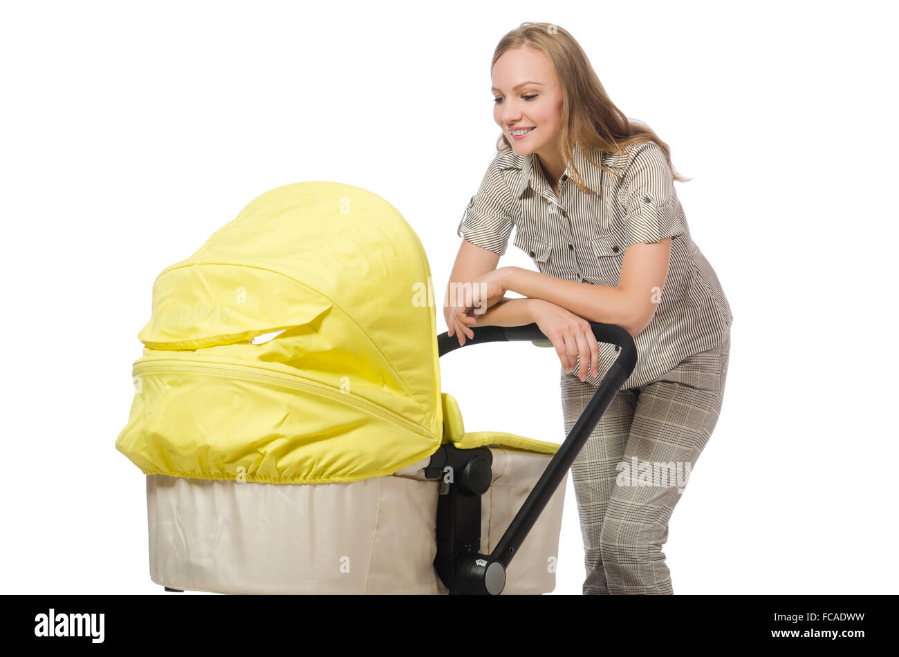 Woman with pram isolated on white Stock Photo - Alamy