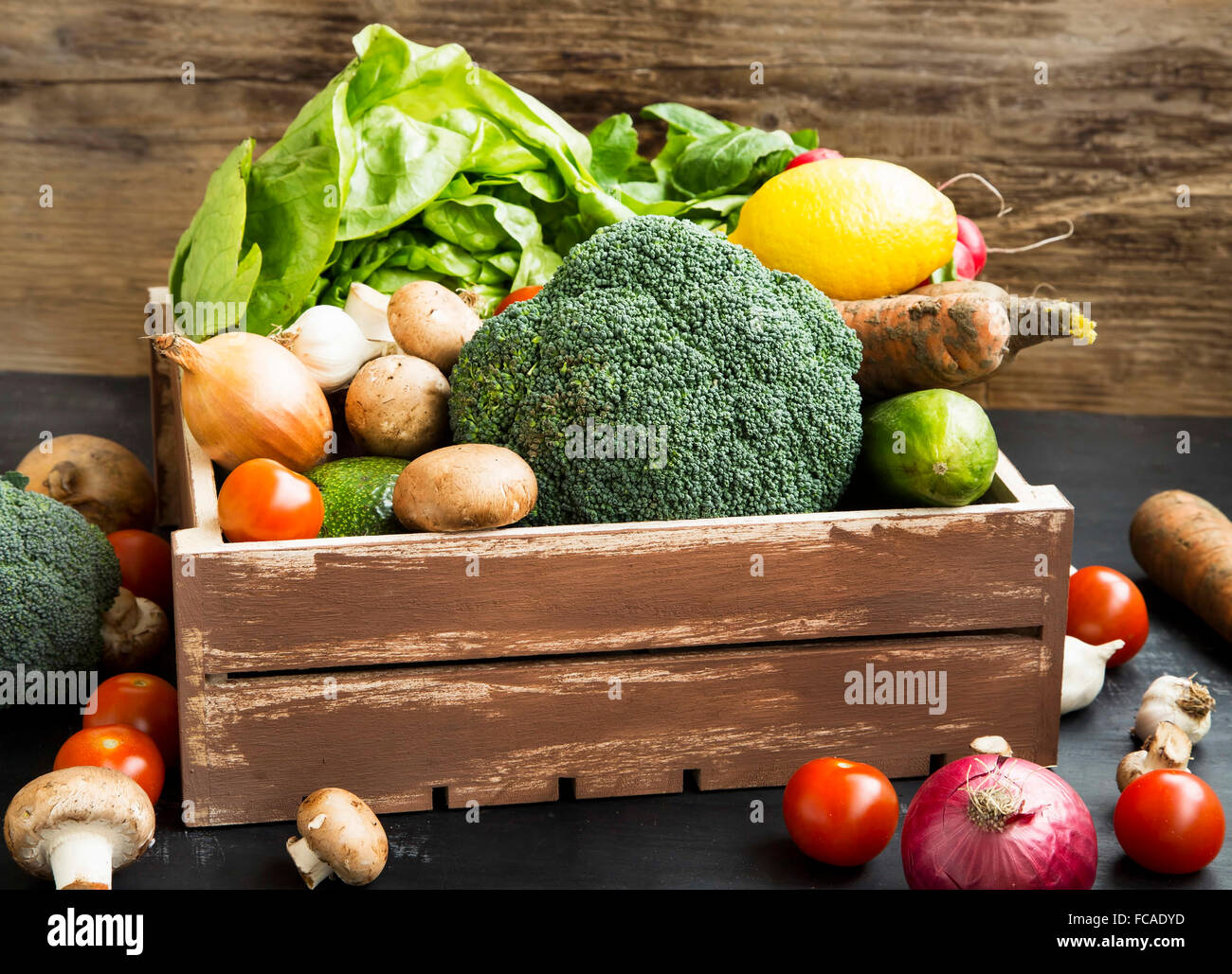 Various bio vegetables with avocado,broccoli,lettuce,tomatoes,mushrooms ...