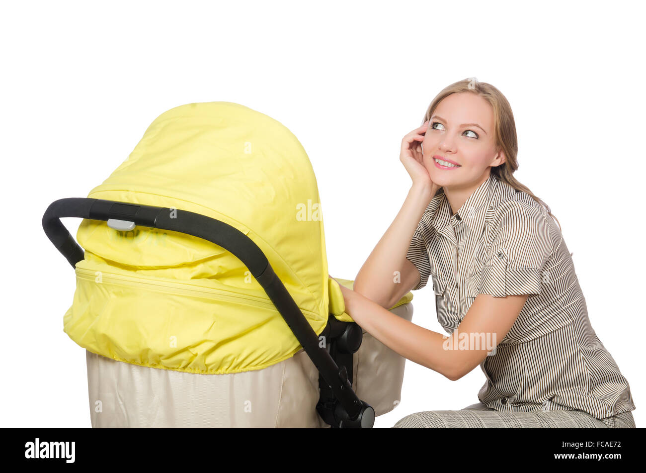 Woman with pram isolated on white Stock Photo - Alamy