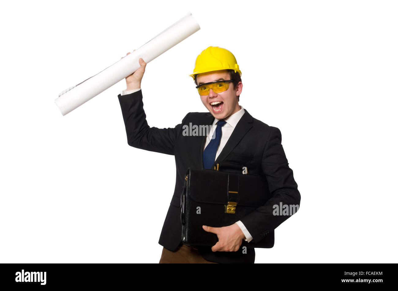 The funny architect with drawings on white Stock Photo - Alamy