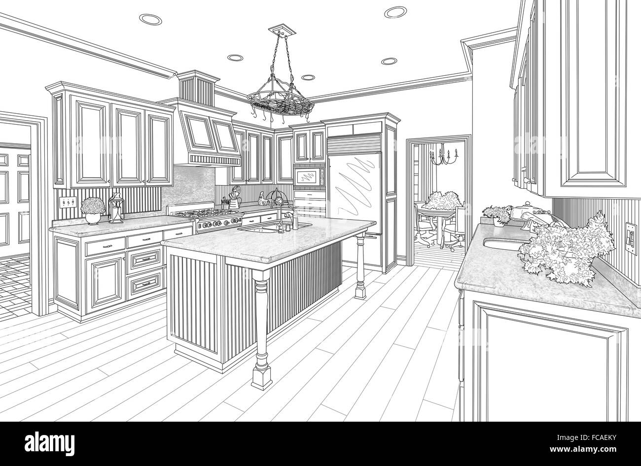 Beautiful Custom Kitchen Design Drawing in Black on White Stock Photo ...