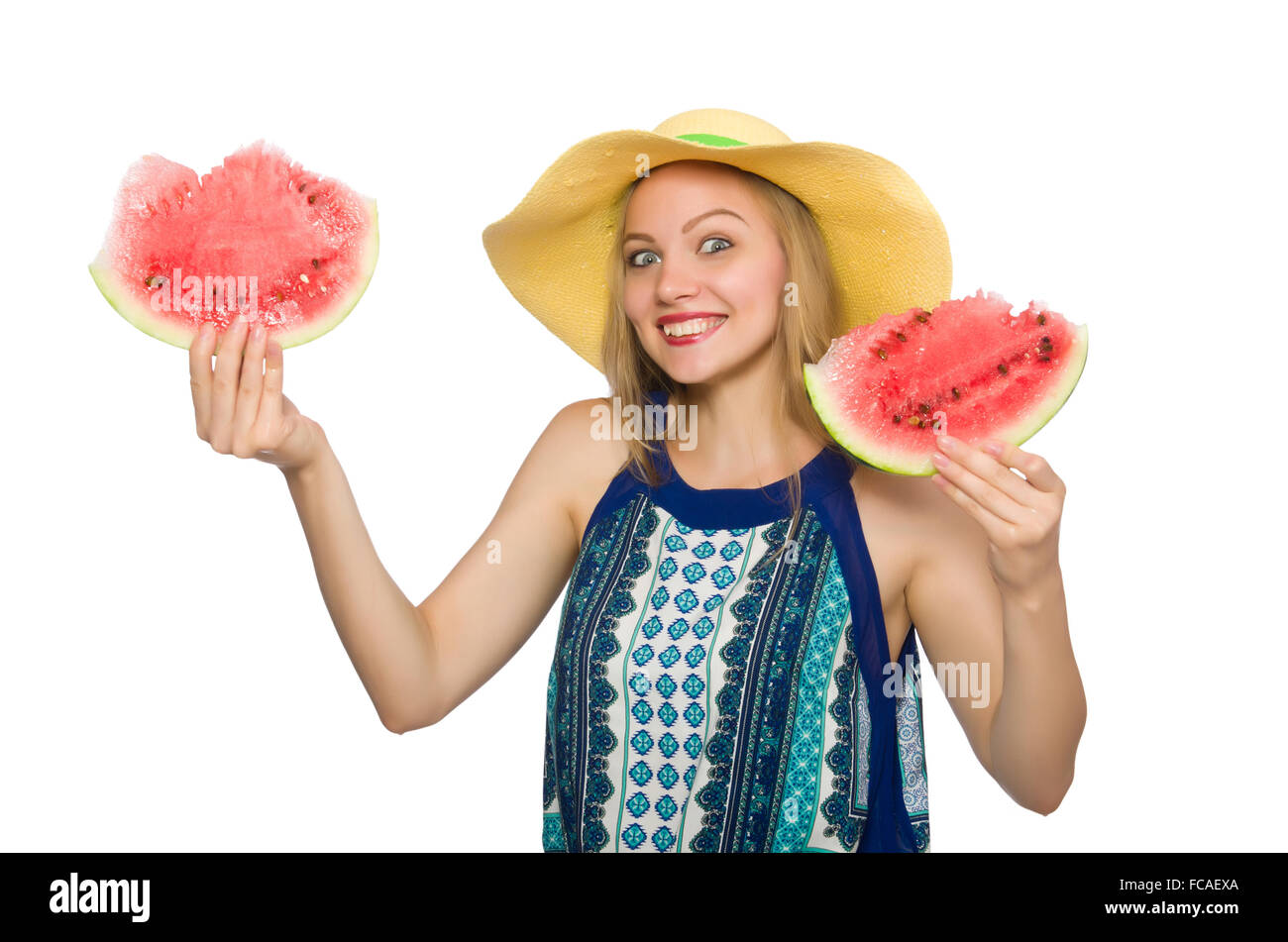 Woman with watermelon isolated on white Stock Photo - Alamy