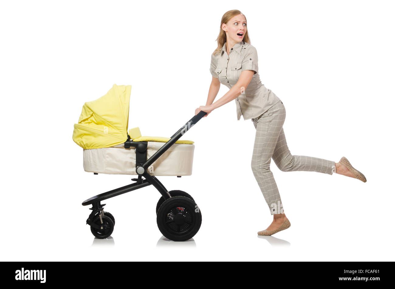 Woman with baby and pram isolated on white Stock Photo - Alamy
