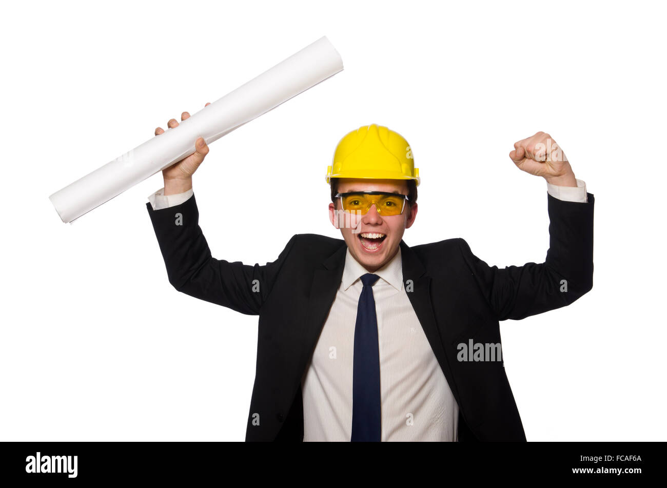 The funny architect with drawings on white Stock Photo - Alamy