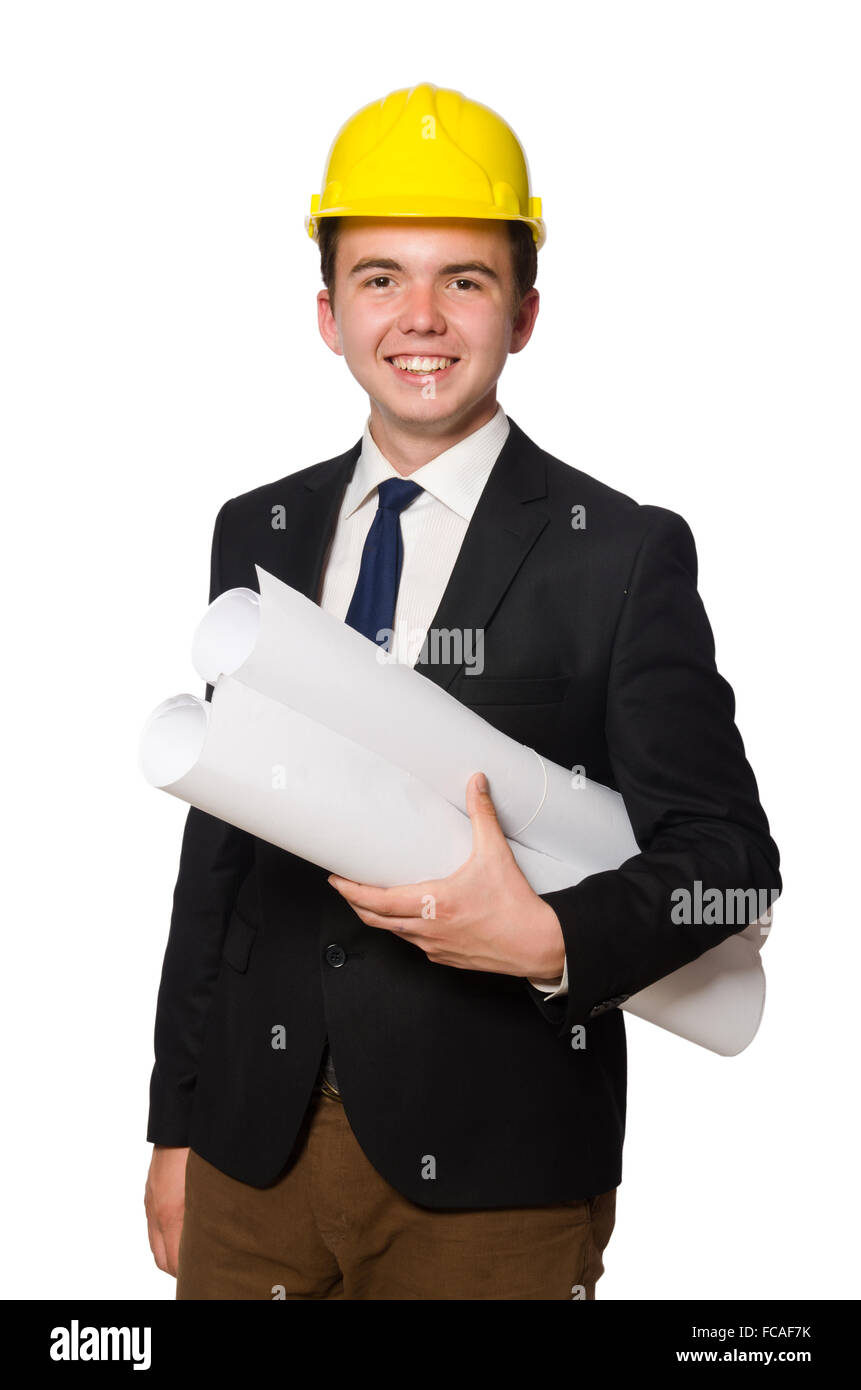 The funny architect with drawings on white Stock Photo - Alamy
