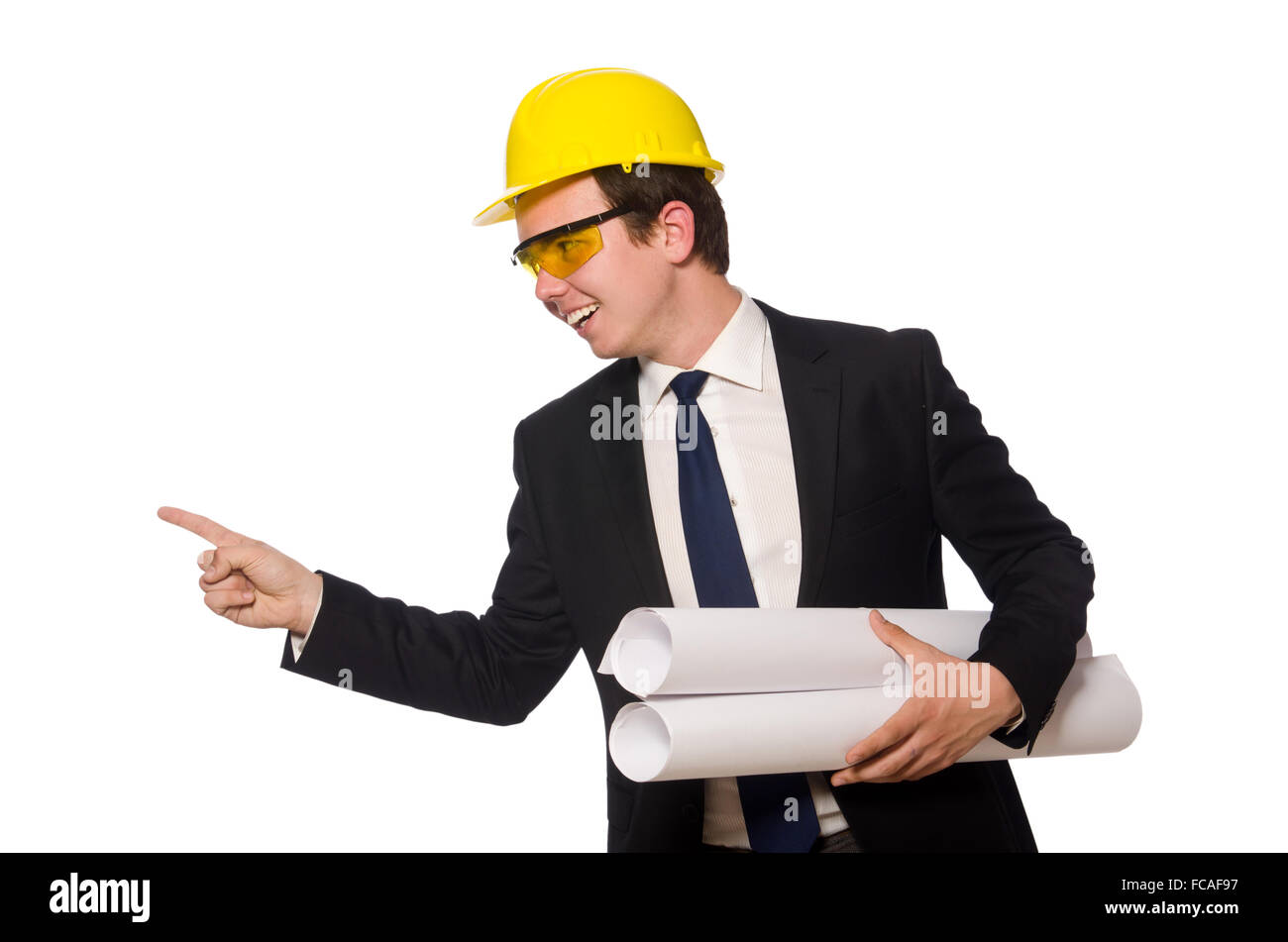 Funny architect with drawings on white Stock Photo - Alamy