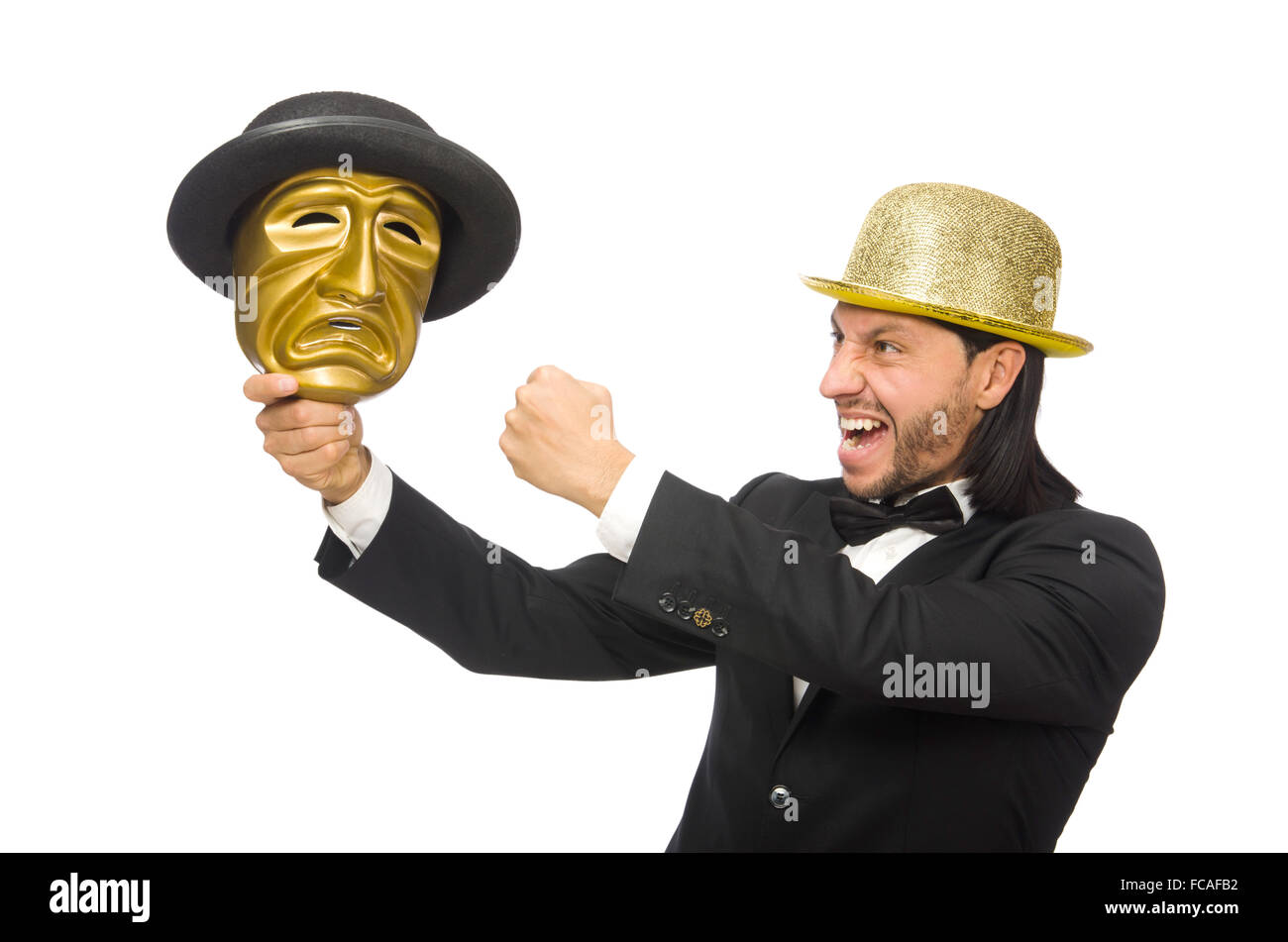 Man with theater mask isolated on white Stock Photo - Alamy