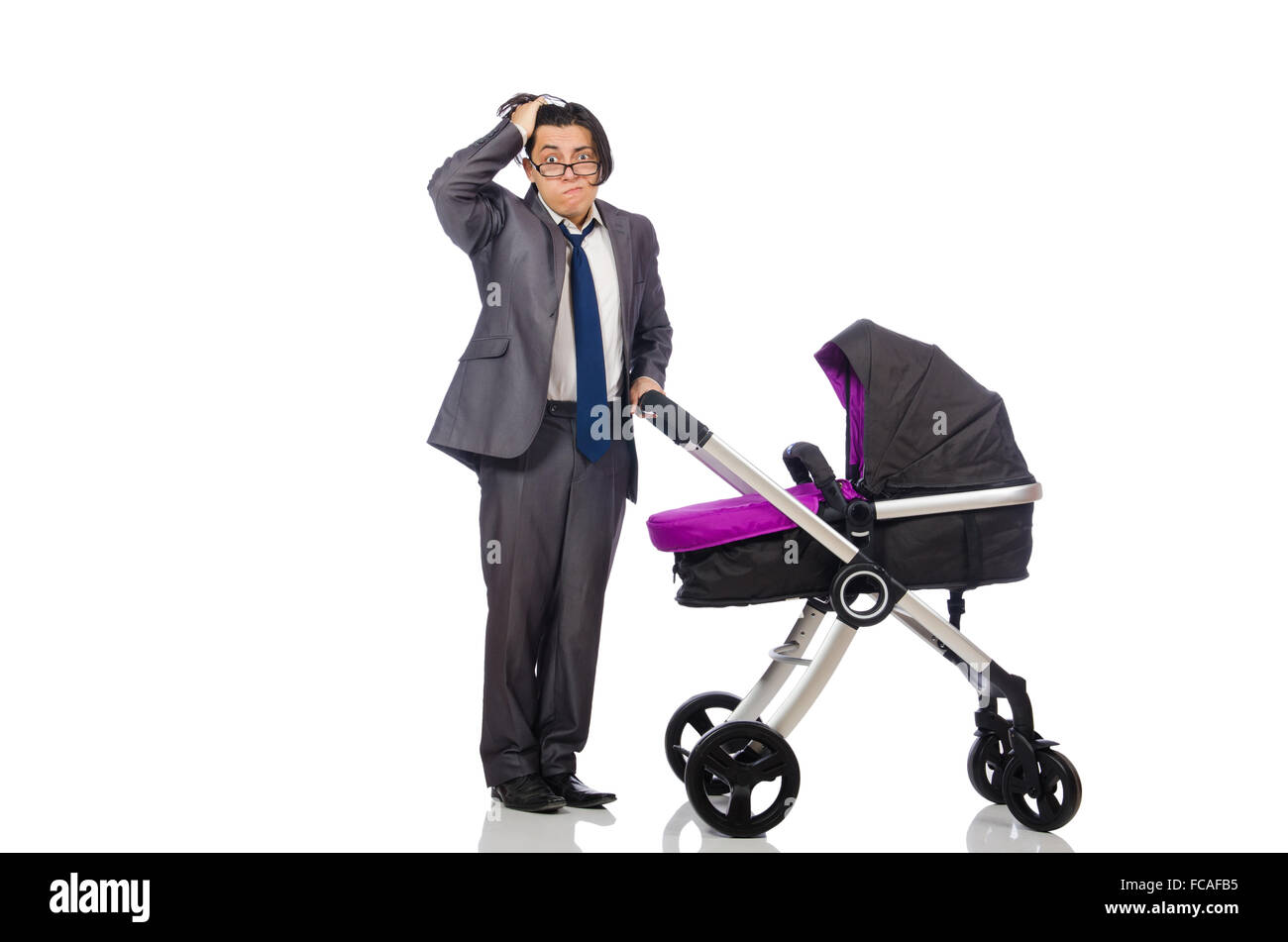 Funny dad with baby and pram on white Stock Photo - Alamy