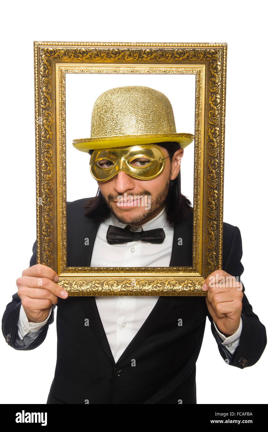 Funny man with picture frame on white Stock Photo - Alamy