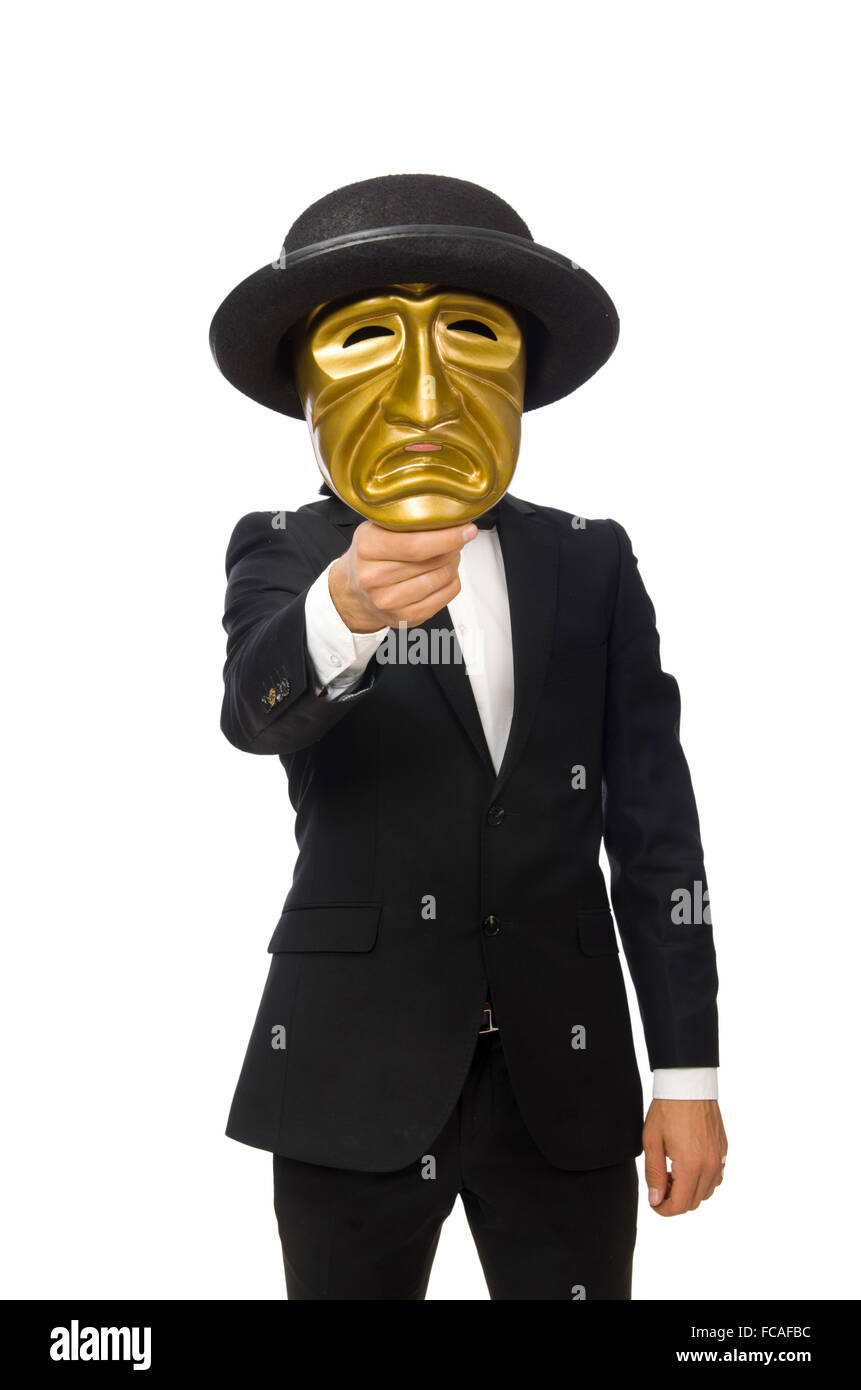Man with theater mask isolated on white Stock Photo - Alamy