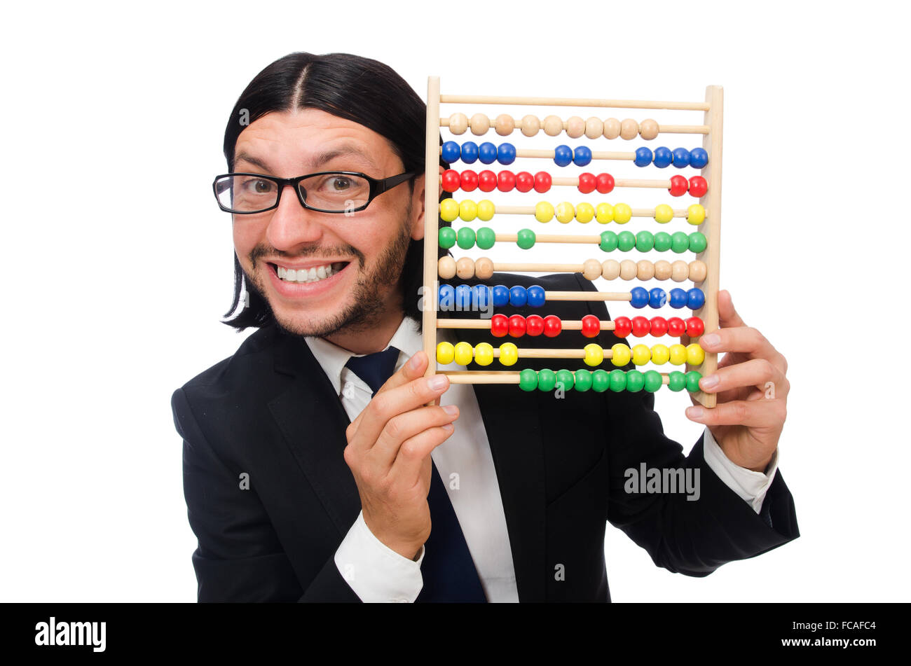 Funny man with calculator and abacus Stock Photo - Alamy